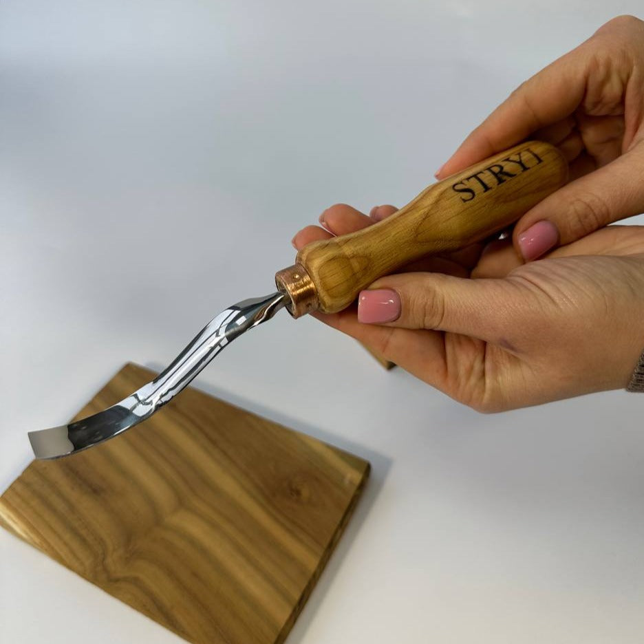 Gouge long bent chisel, profile#1 flat, STRYI Profi, bent gouges, carv – Wood carving tools STRYI